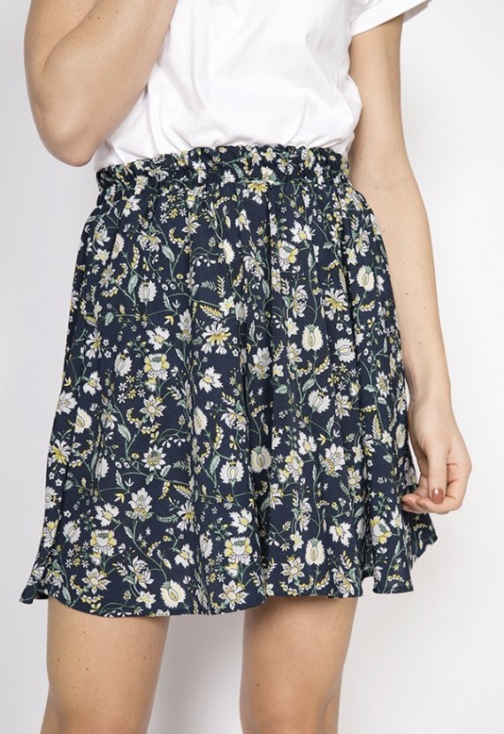 Falda mini azul marino con flores blancas y amarillas- Ropa mujer ...